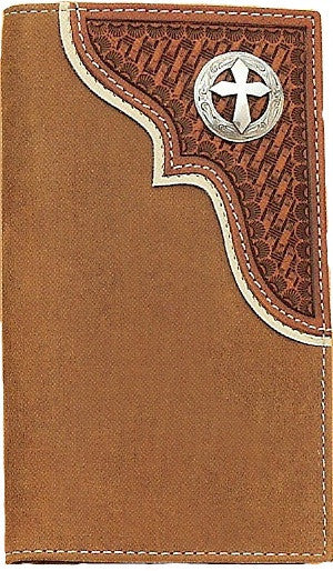 Western Aged Bark Leather Rodeo Wallet/Checkbook Cover with Cross Conc ...